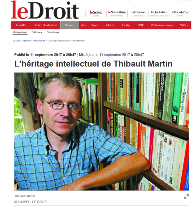 Hommage au professeur Thibault Martin dans Le Droit | Université du Québec en Outaouais